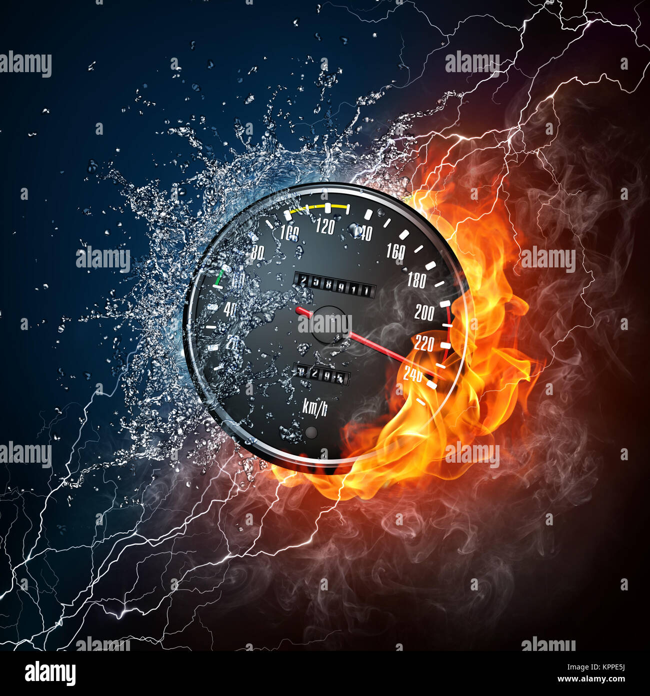 Speedometer in Fire and water Isolated on Black Background Stock Photo ...