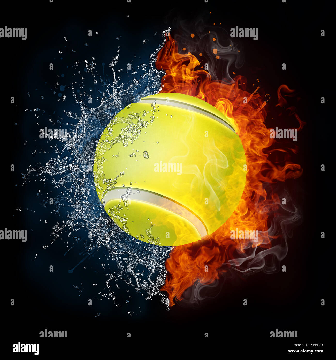 Tennis Ball in Fire and Water Isolated on the Black Background Stock ...