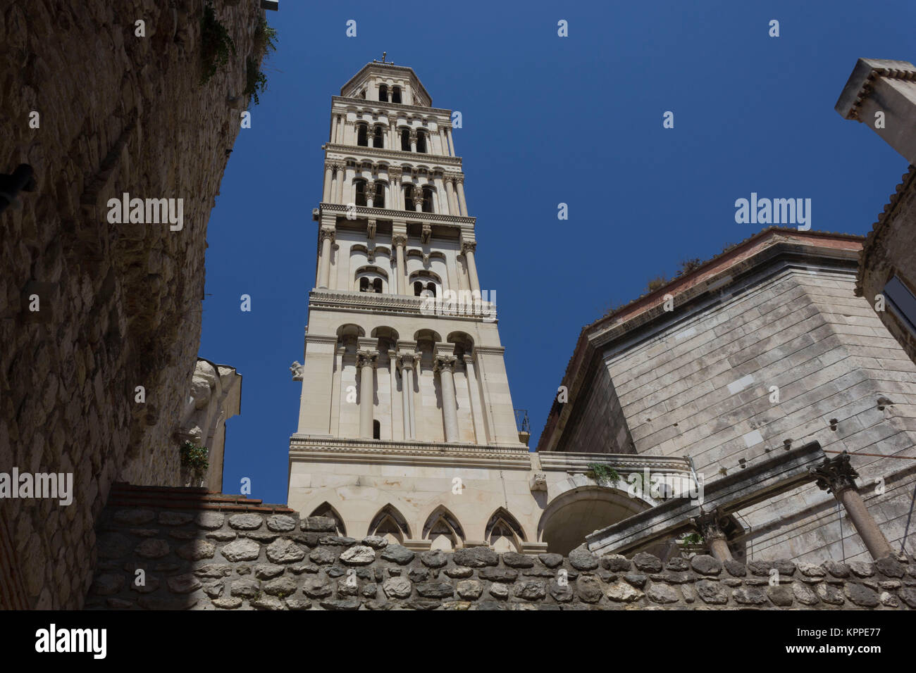 SPLIT, CROATIA - AUGUST 11 2017: Looking up at Saint Domnius bell tower ...