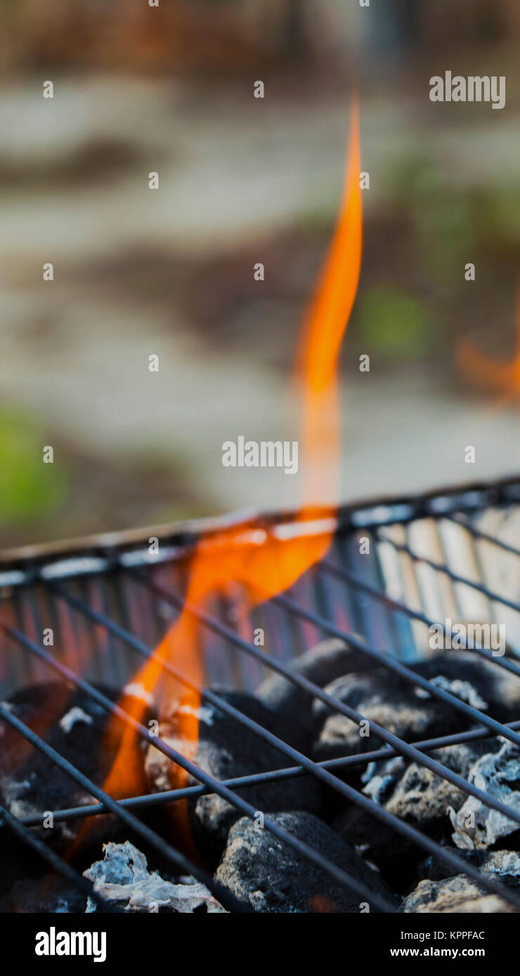 Burning flames and barbecue closeup Stock Photo - Alamy