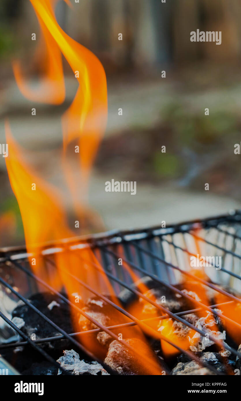 Burning flames and barbecue closeup Stock Photo - Alamy