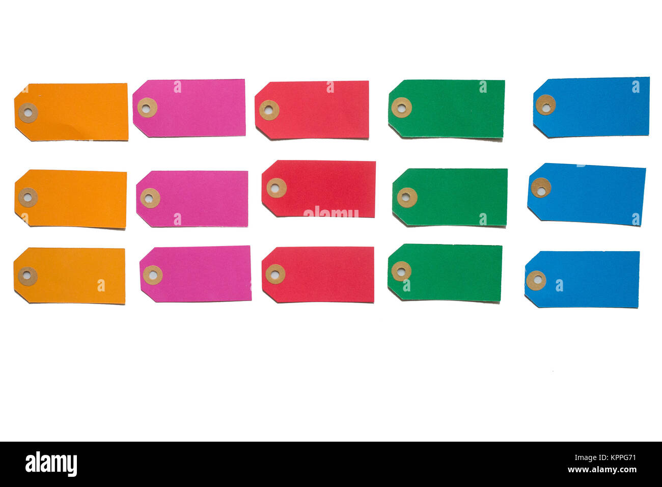 Colorful labels in orange, pink, red, green and blue on a white ...