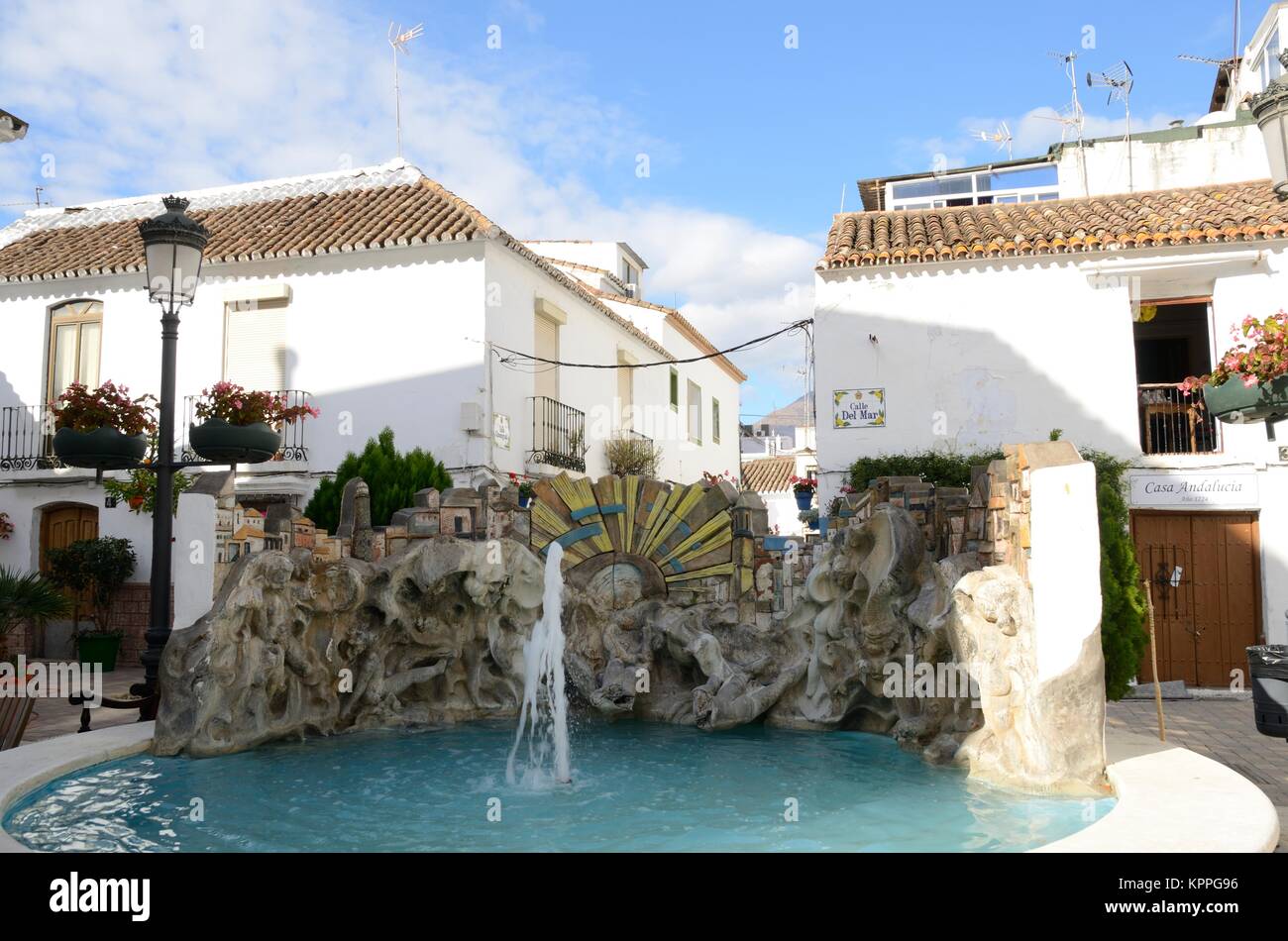 Pond decorated with stone sculptures in Estepona, Malaga, Andalusia ...