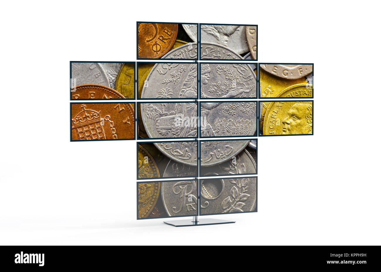 monitor stand with coins on display - 3d rendering Stock Photo - Alamy