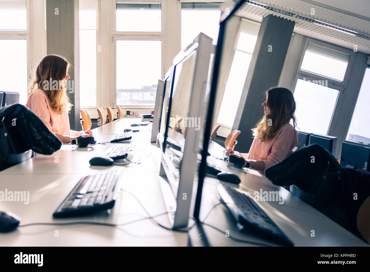Young Student Girl Female in Bright Computer Lab University Classroom ...