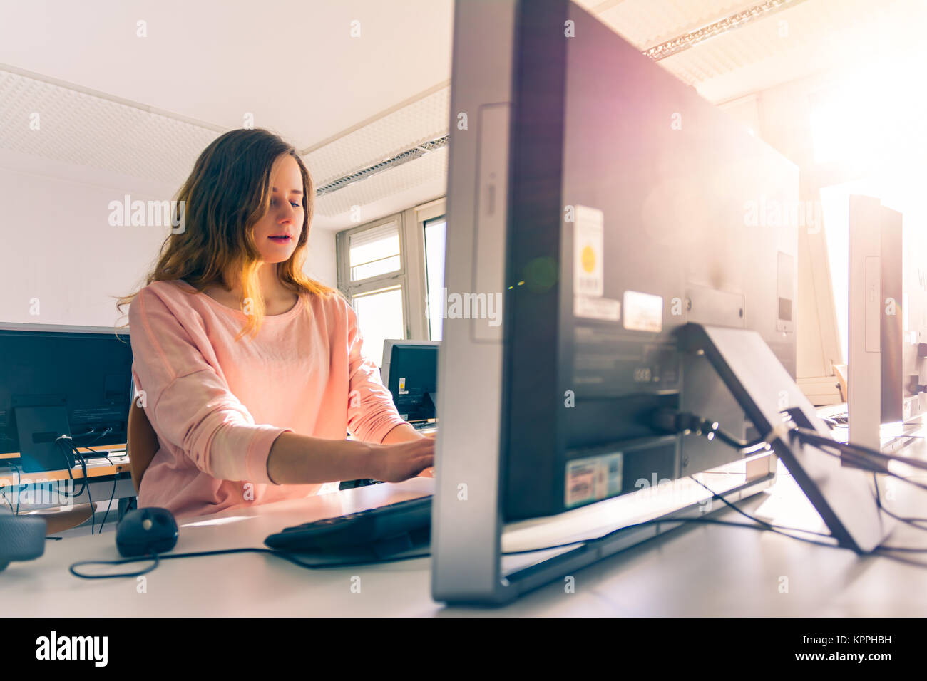 Young Student Girl Female in Bright Computer Lab University Classroom ...