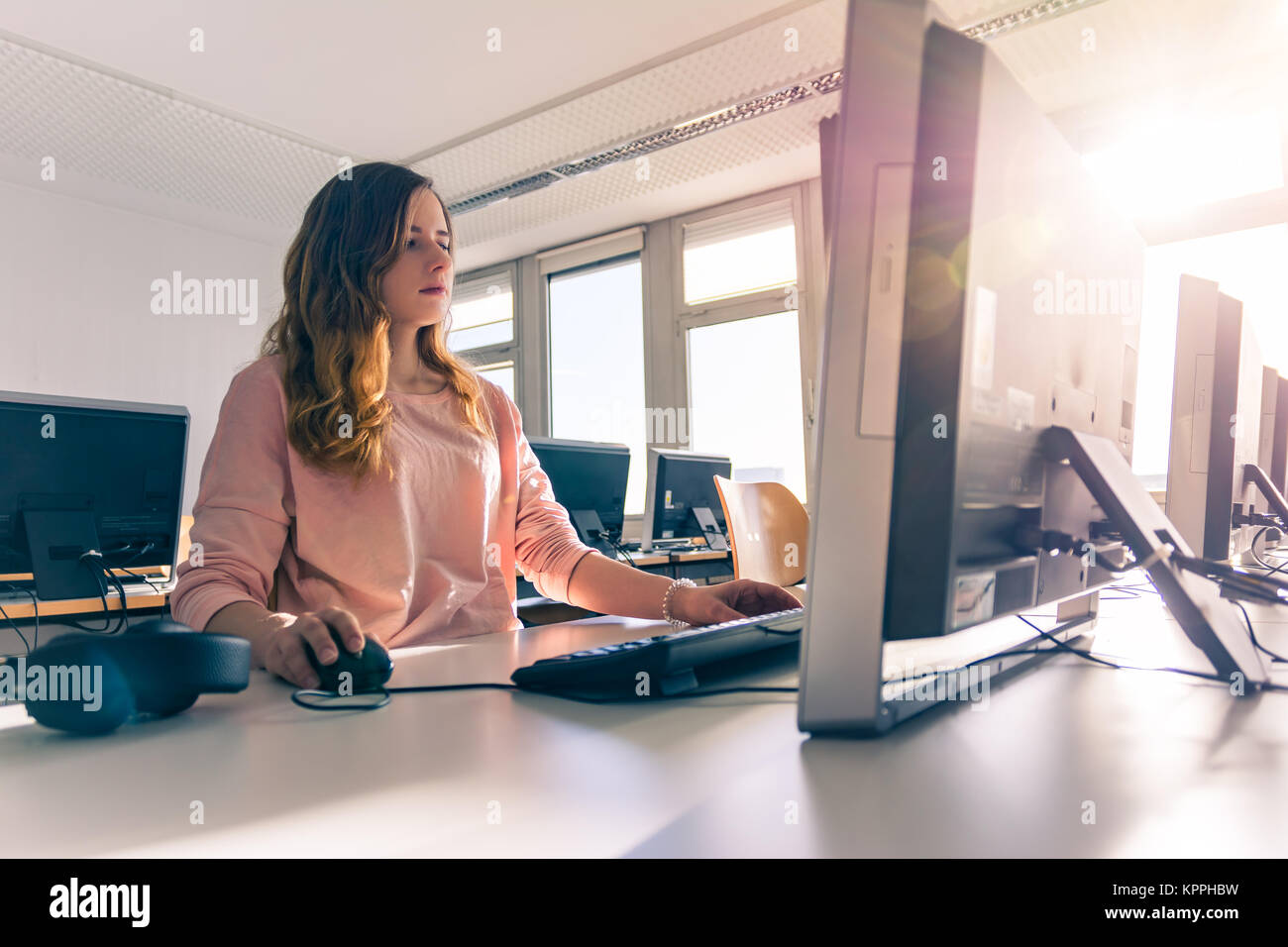 Young Student Girl Female in Bright Computer Lab University Classroom ...