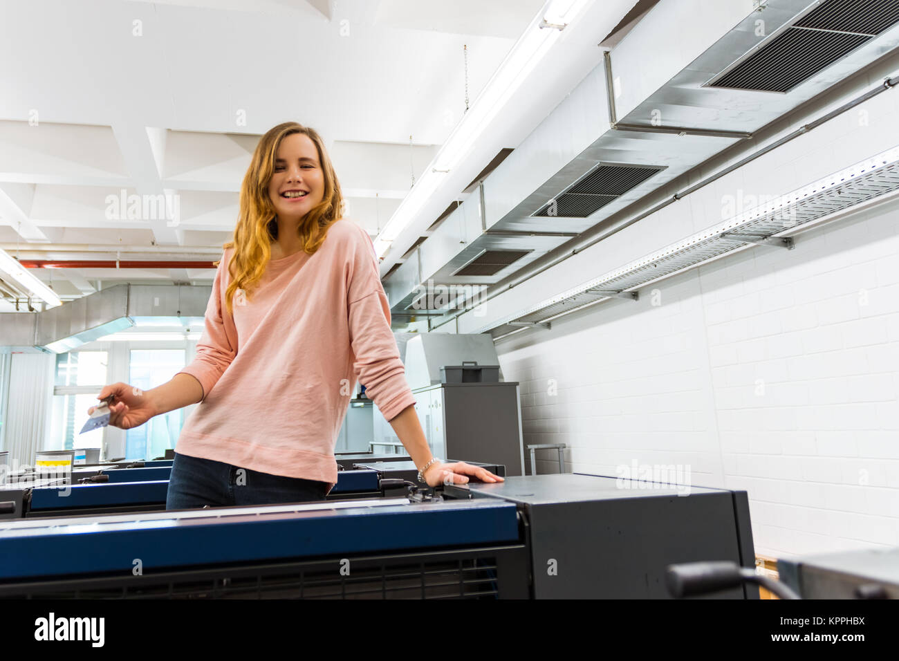 Female Engineer Offset Printing Specialist Operating Printer Machine ...