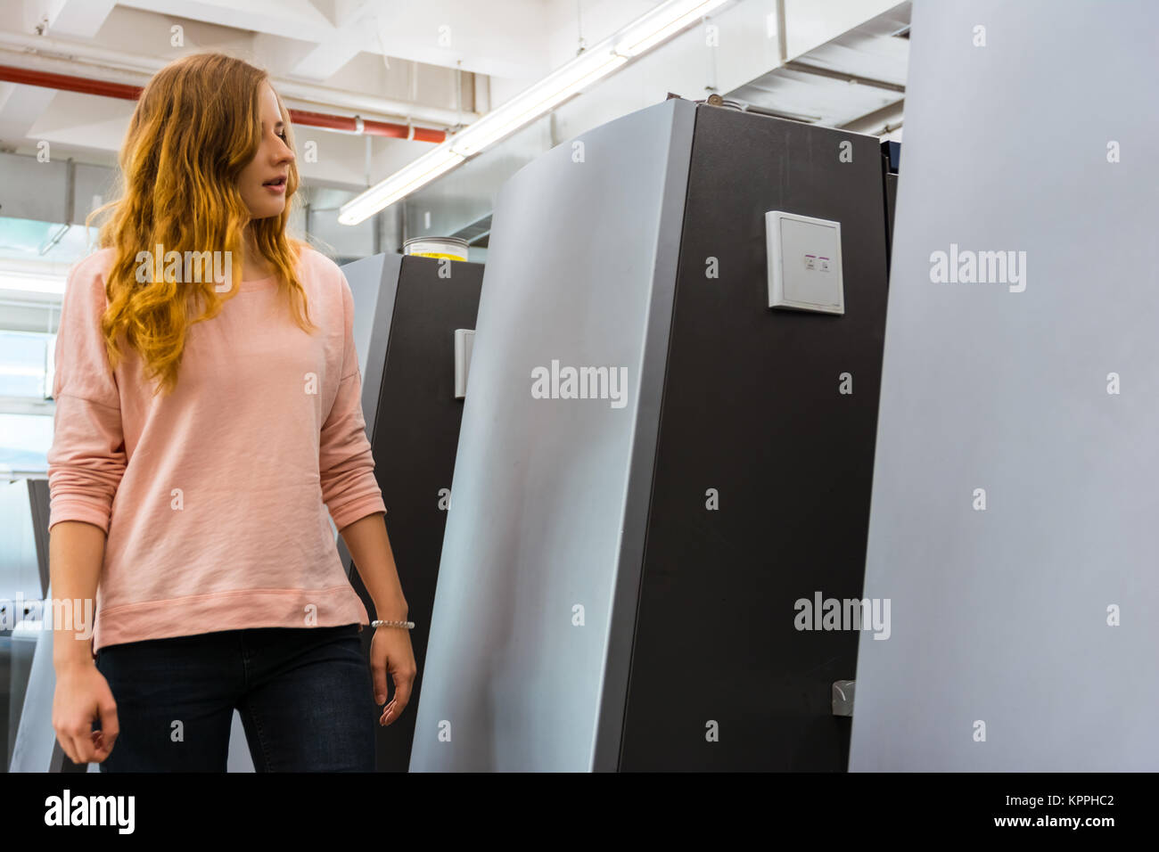 Female Engineer Offset Printing Specialist Operating Printer Machine ...