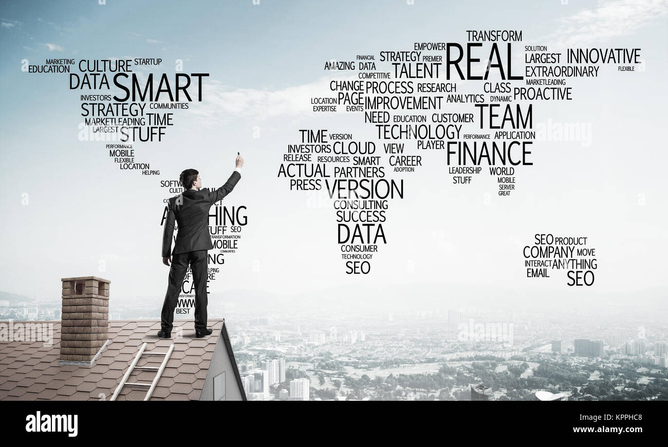 Businessman on brick roof draw world map as concept of globaliza Stock ...