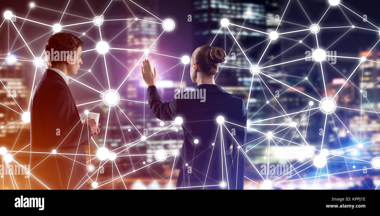 Concept of social connection and networking against night city view and ...