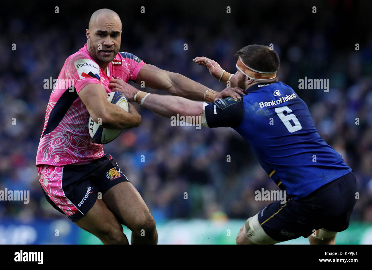 Exeter Chief's Olly Woodburn and Leinster's Sean O'Brien during the ...
