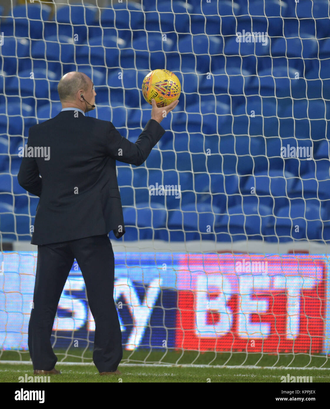 Referee Scott Duncan tests the goal line technology before the Sky Bet ...