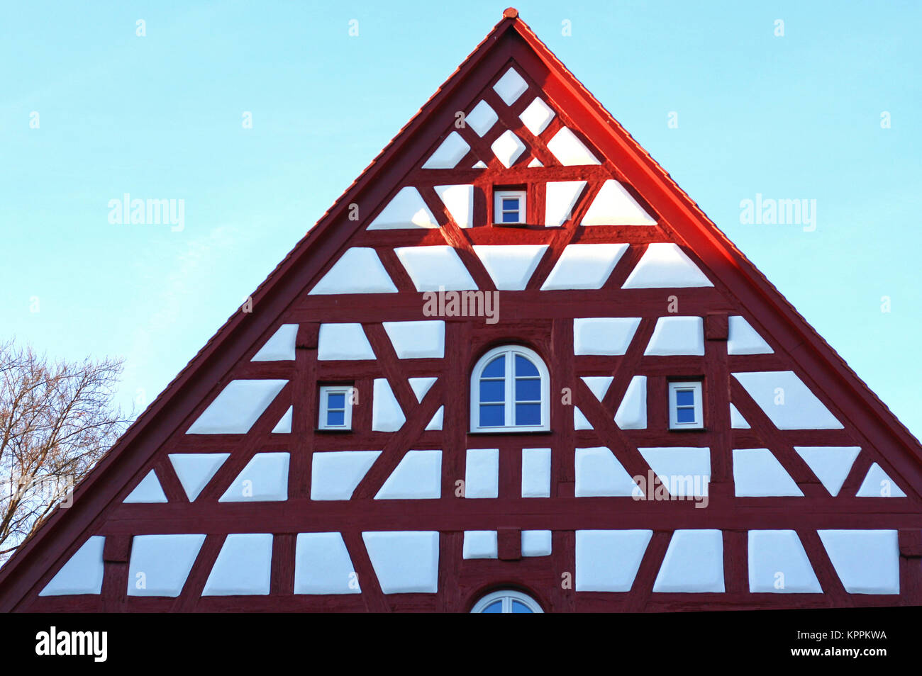 gable of a medieval half-timbered house, restaurated Stock Photo - Alamy