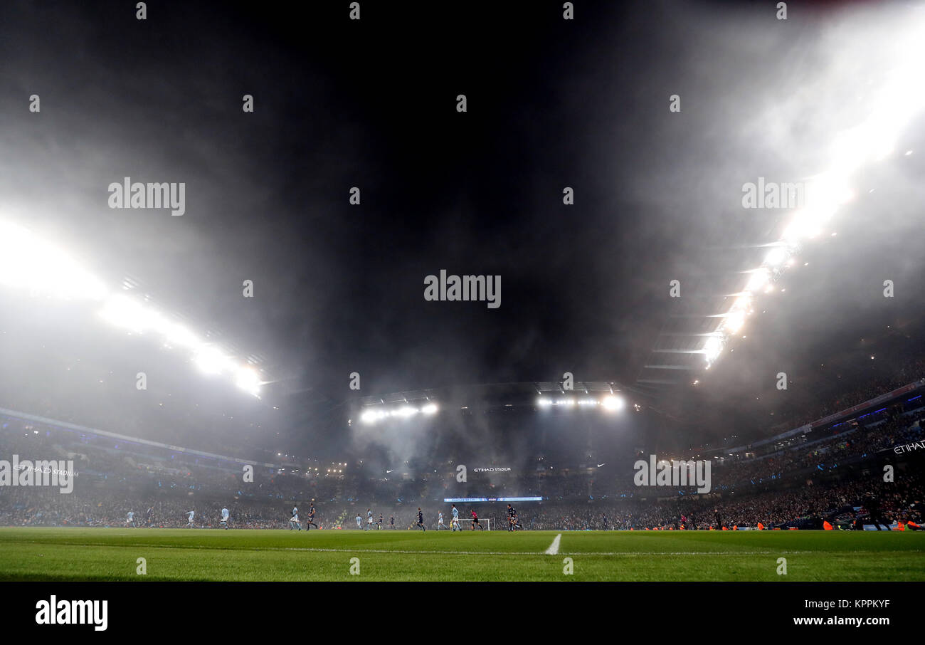 Fog descends on the pitch during the Premier League match at the Etihad ...