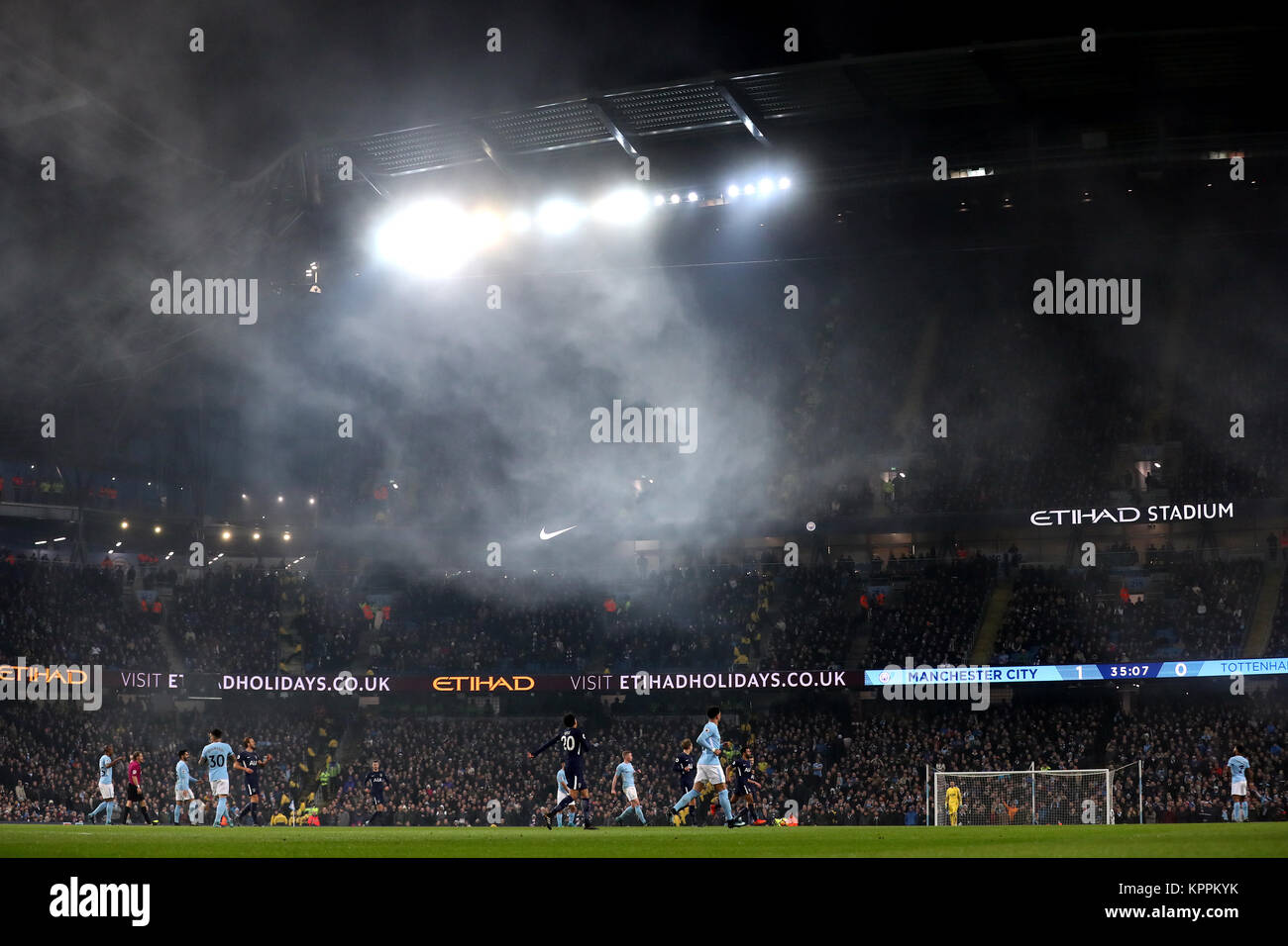 Fog descends on the pitch during the Premier League match at the Etihad ...