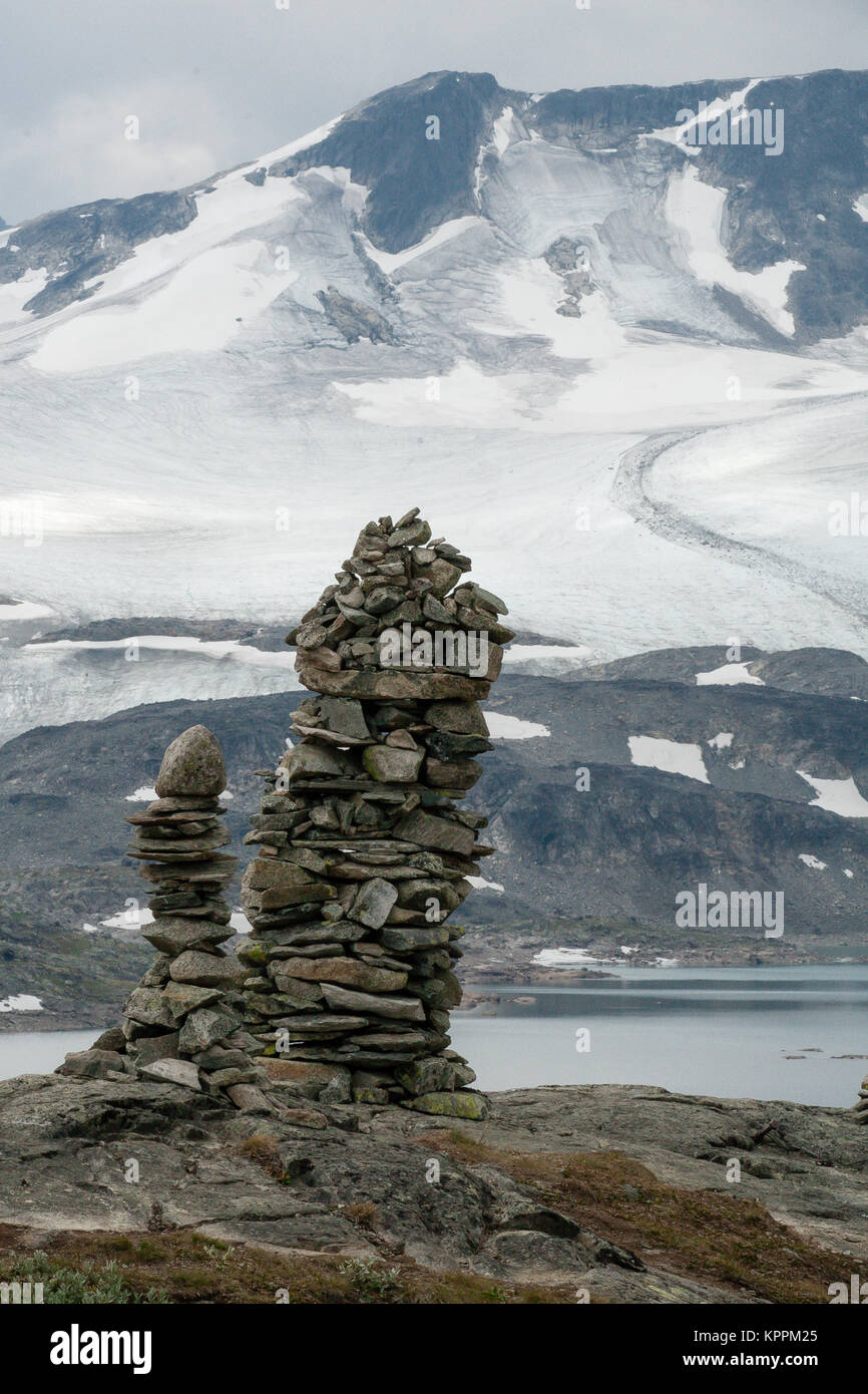 Balanced stack of rocks and beautiful Norwegian panoramic view on the ...
