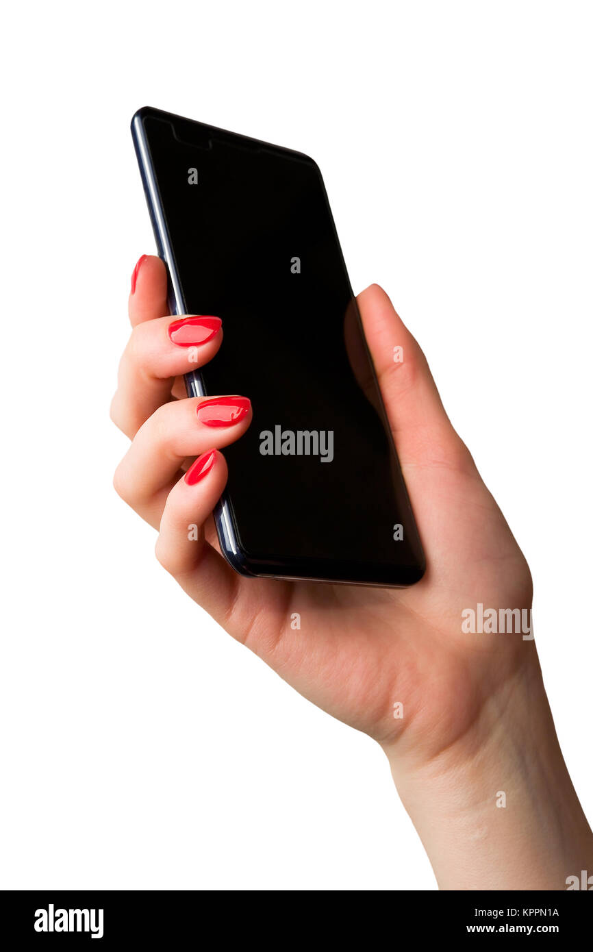 Black phone in an elegant female hand. On a white background Stock ...