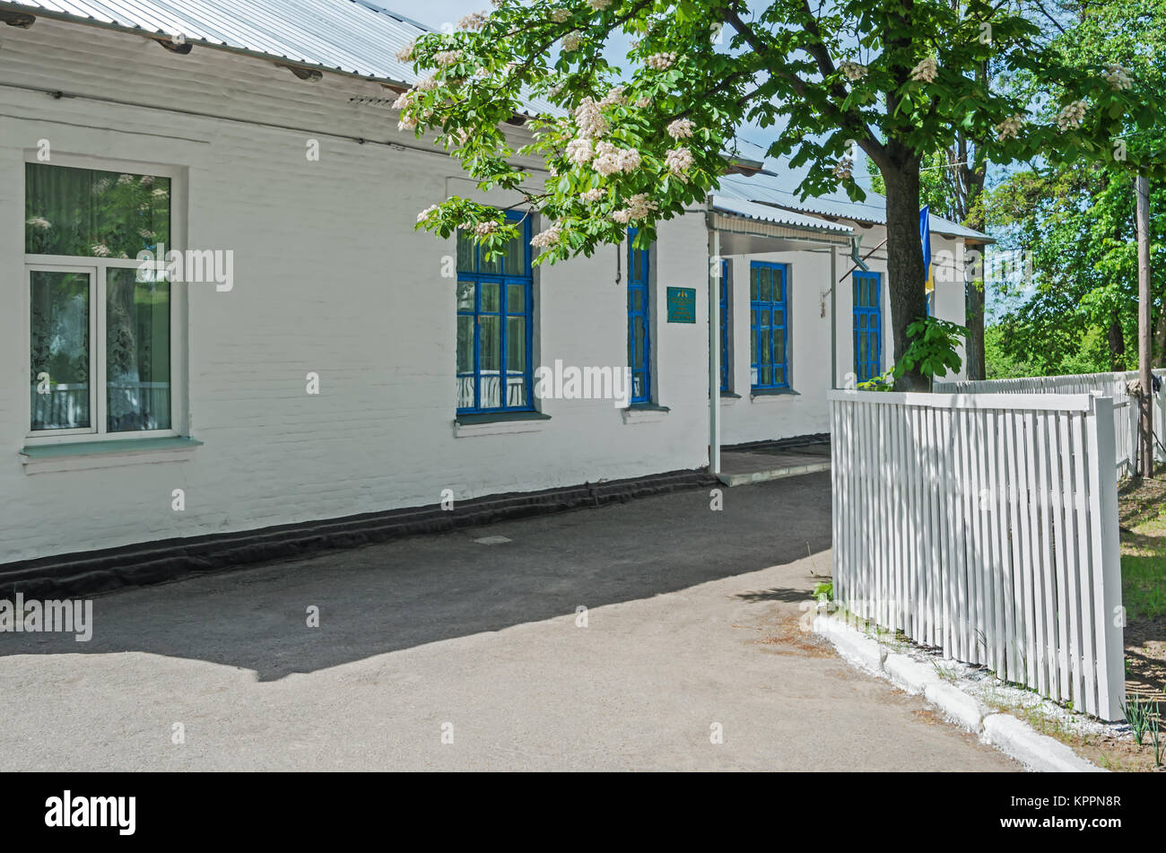 Facade and yard of a one-story old rural school in the middle of spring ...