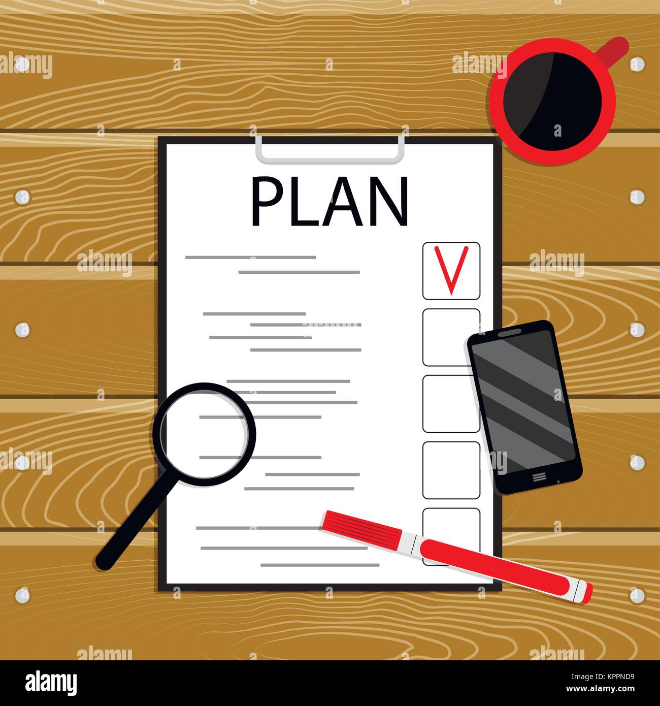 Plan and organization. Management checklist task, work table wooden ...