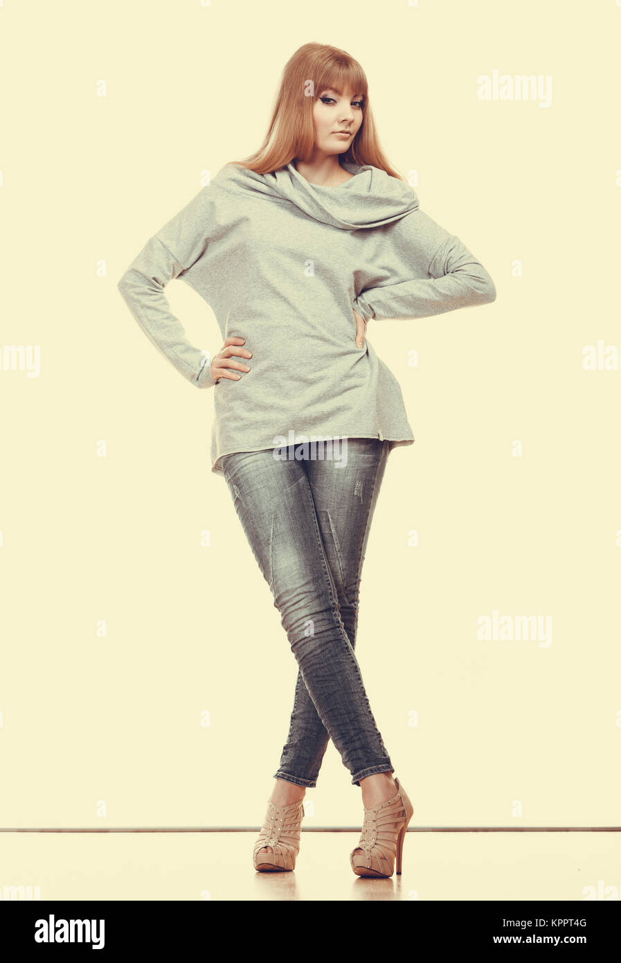 Fashion. Full body fashionable woman jeans pants gray blouse. Female ...