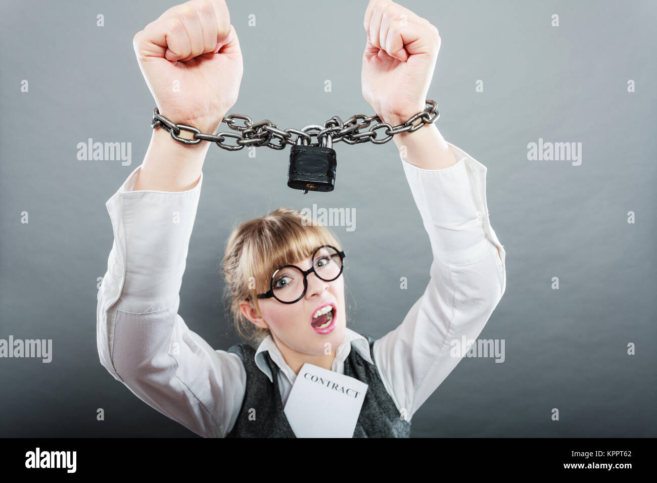 Crime, arrest jail or business concept. Angry unhappy emotional woman ...