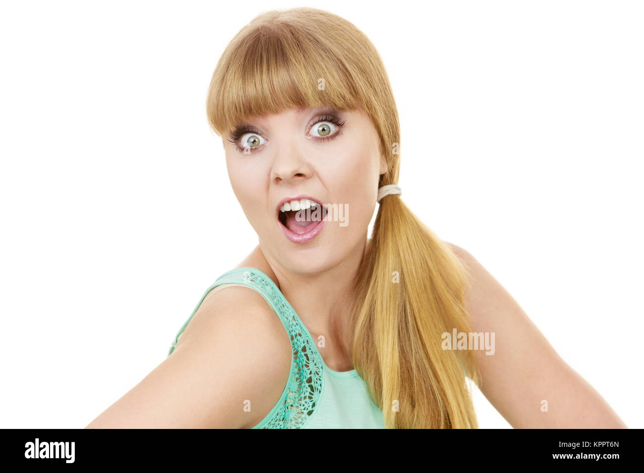 Concerned scared shocked woman. Emotional facial expression wide eyed ...