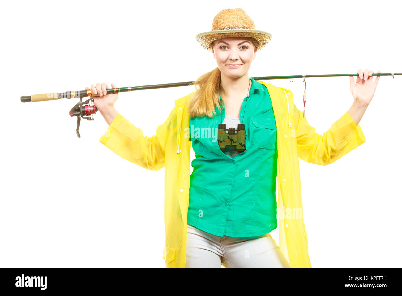 Fishery, spinning equipment, angling sport and activity concept. Woman ...