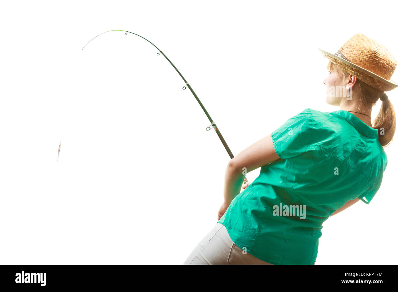 Fishery, spinning equipment, angling sport and activity concept. Woman ...