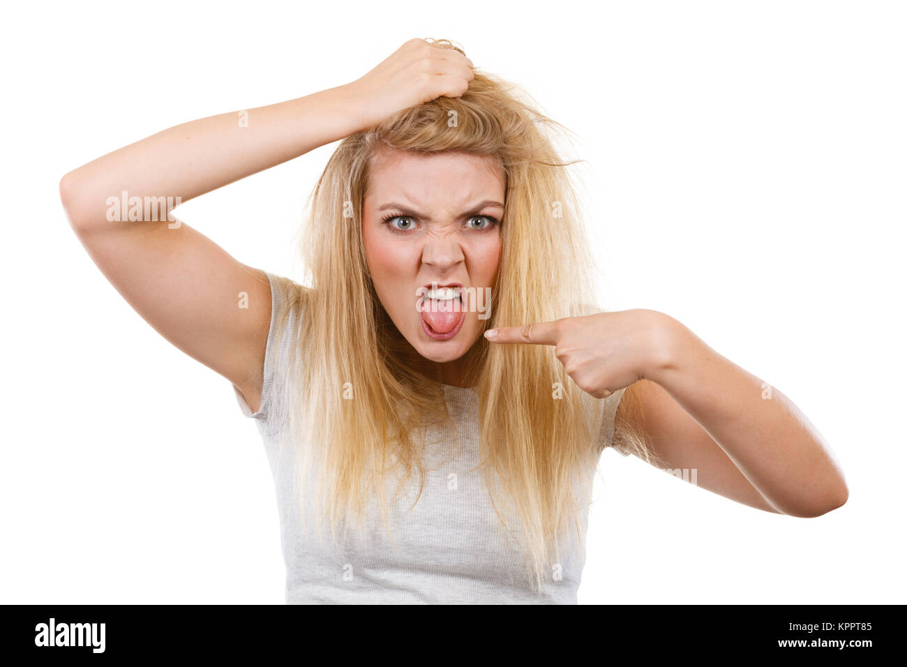 Emotions, face expression concept. Furiously mad hungry blonde woman ...
