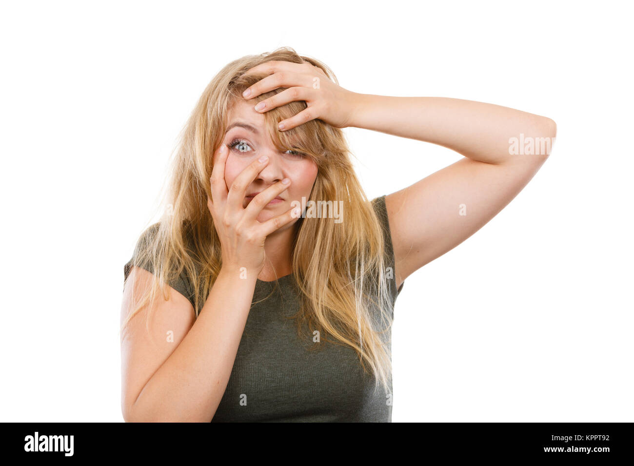 Emotions, embarrassment, awkwardness gestures concept. Ashamed blonde ...