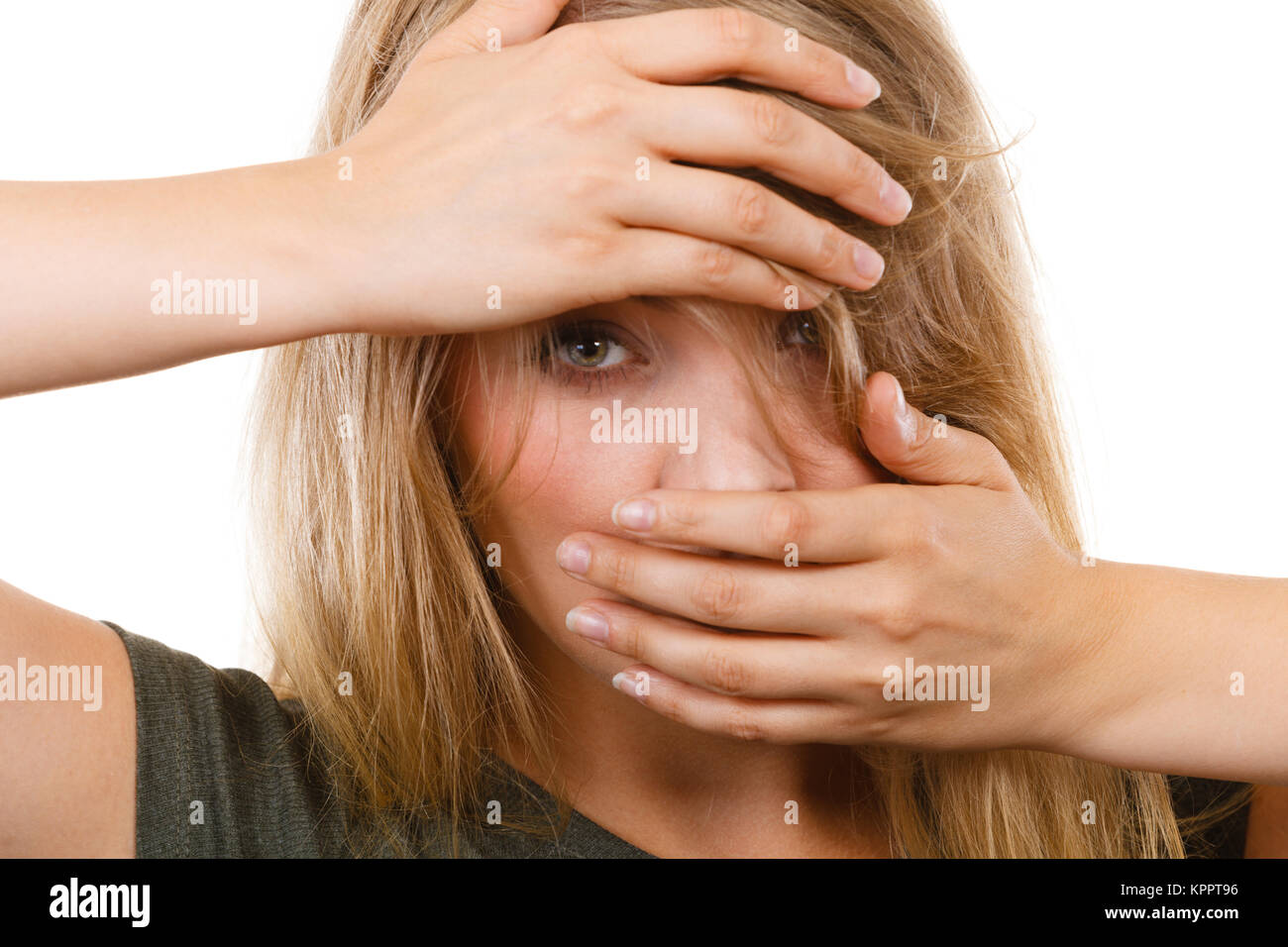 Emotions, embarrassment, awkwardness gestures concept. Ashamed blonde ...