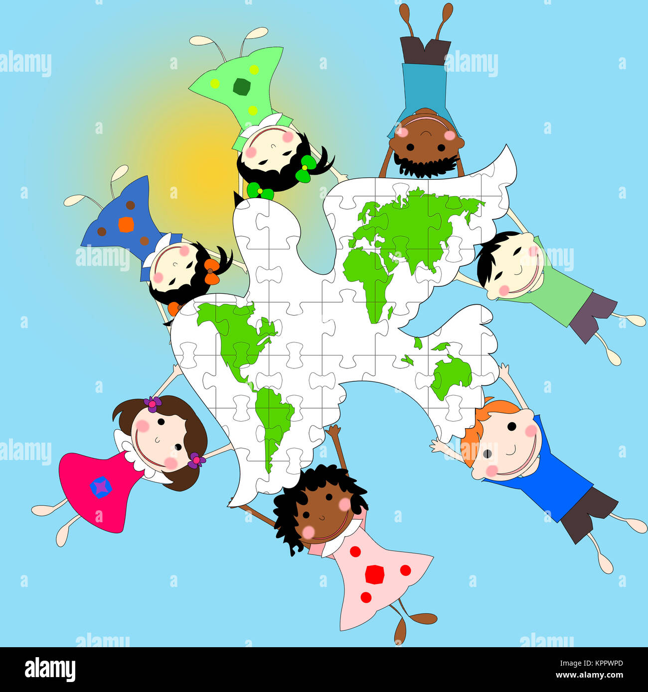 Children of different races with a dove and a map of the world, the ...