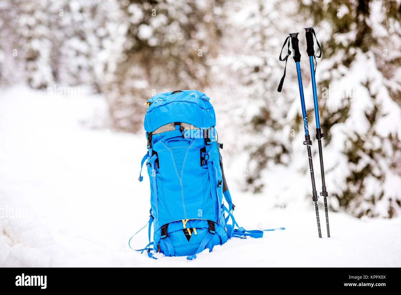 Backpack and tracking sticks at the snowy forest Stock Photo - Alamy