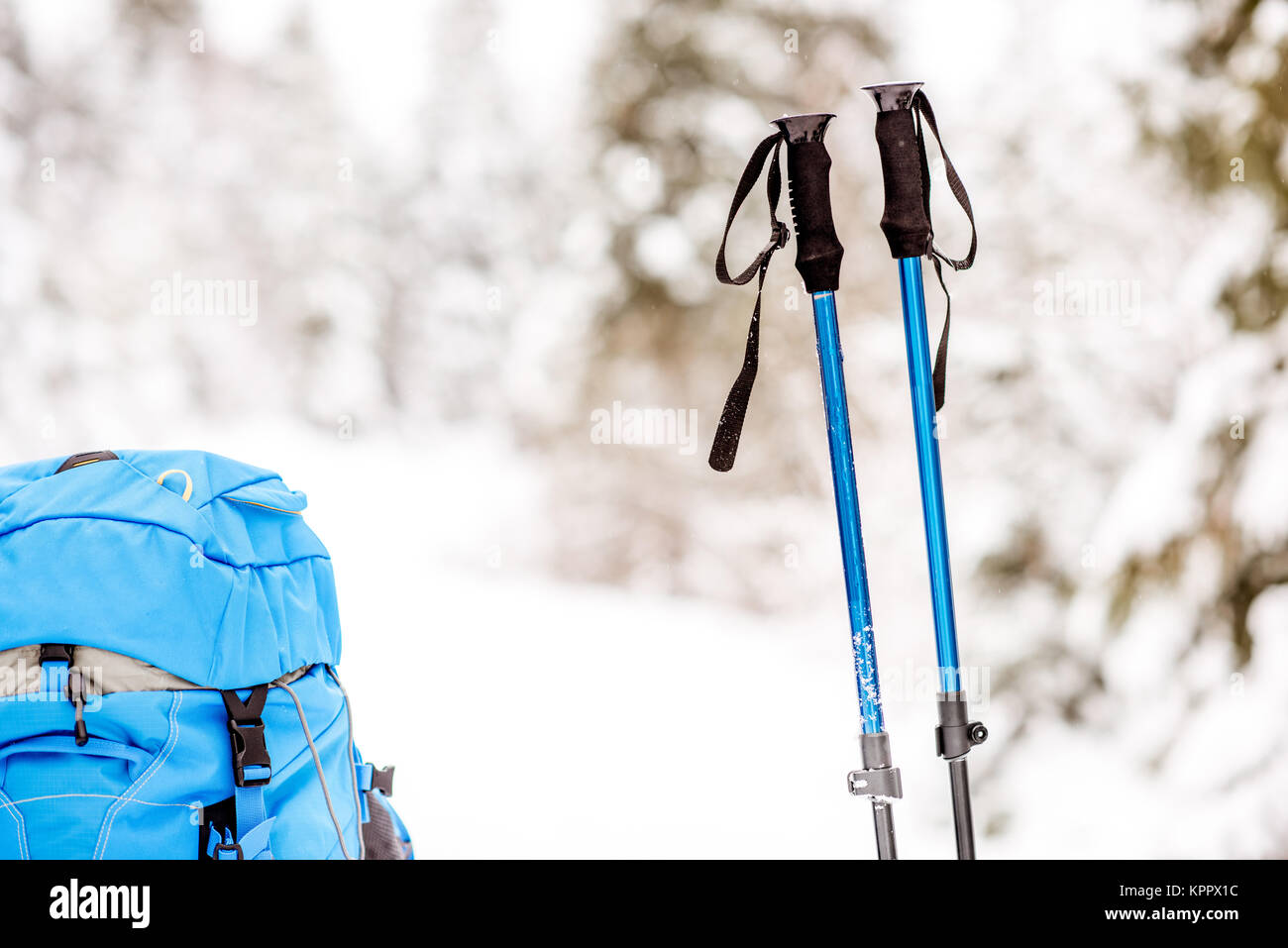 Backpack and tracking sticks at the snowy forest Stock Photo - Alamy