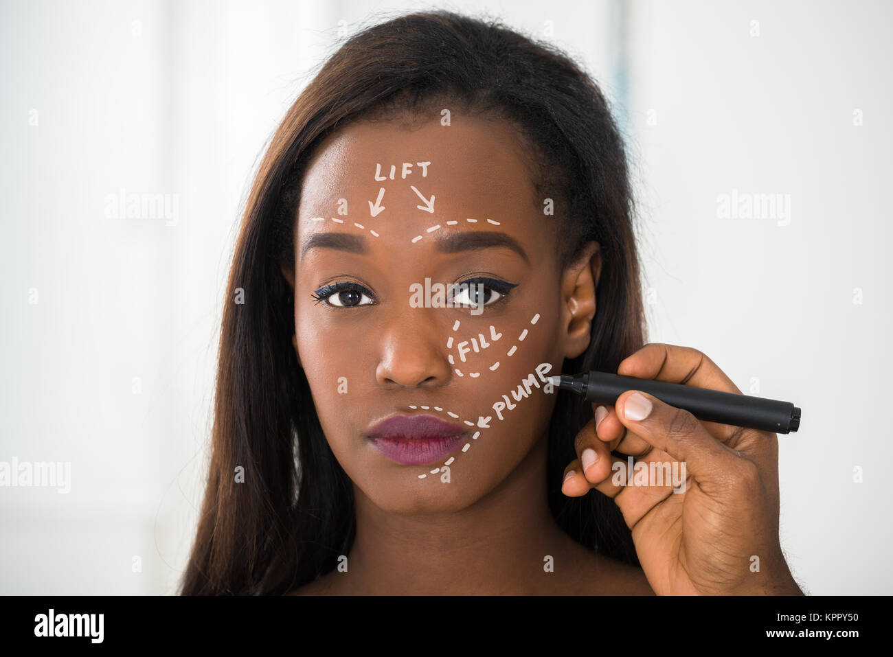 Person's Hand Drawing Correction Line On Woman's Face Stock Photo - Alamy