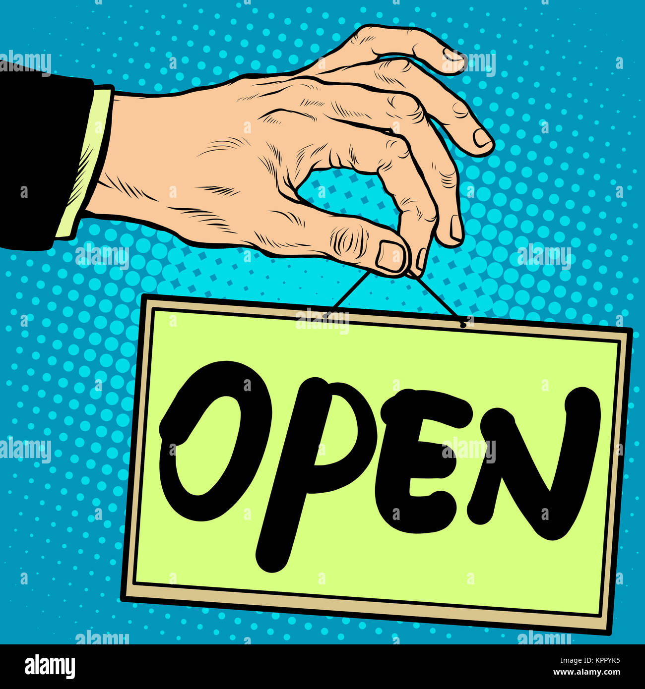 Hand holding a sign open Stock Photo - Alamy