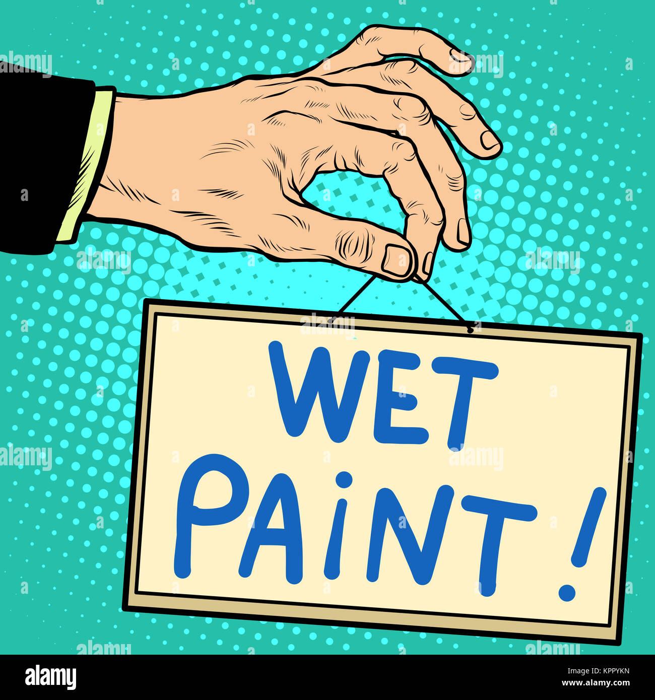 Hand holding a sign wet paint Stock Photo - Alamy