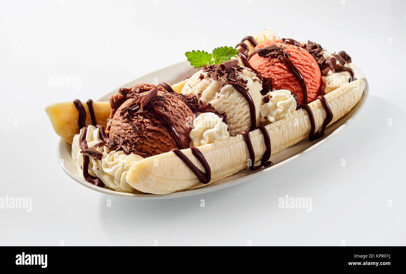 Delicious Sweet Banana Split Ice Cream Dessert With Garnishment Of