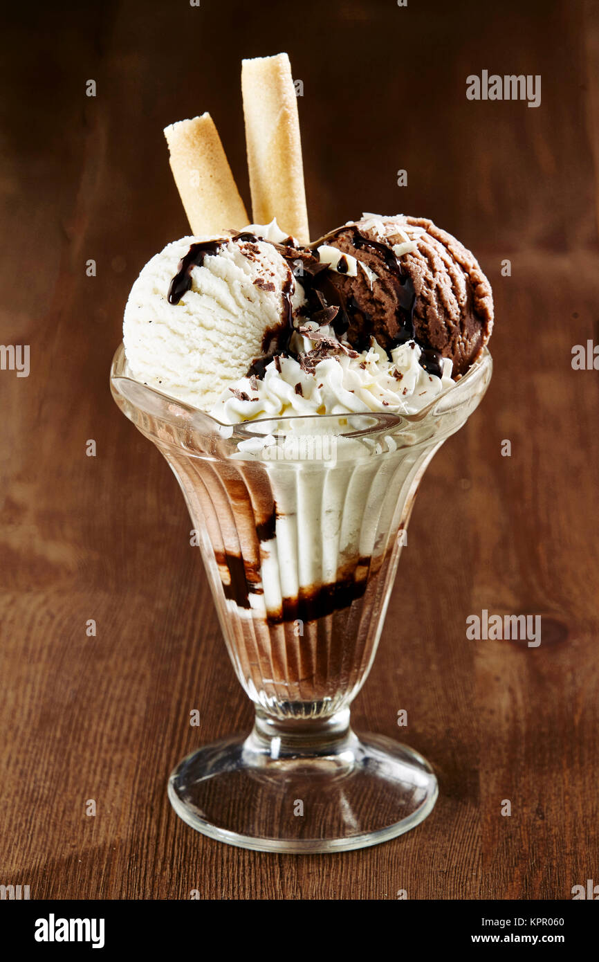 Chocolate and vanilla ice cream drizzled with chocolate sauce and ...