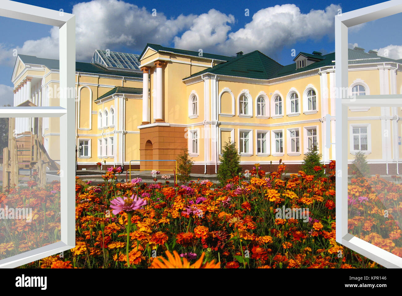 big window overlooking the garden with palace Stock Photo - Alamy