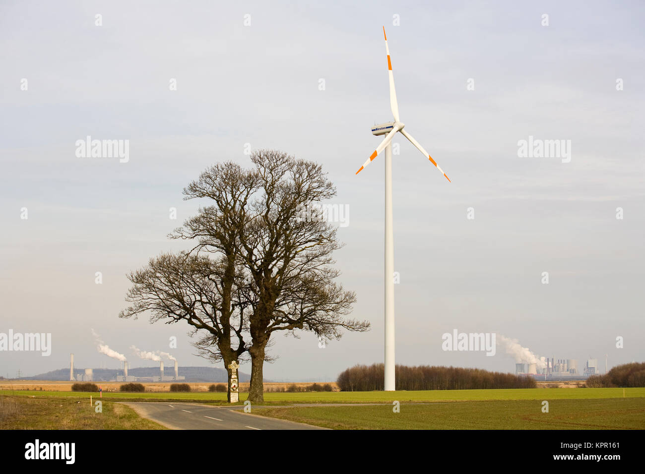 Europe, Germany, wind power plant near Bedburg, in the background the ...