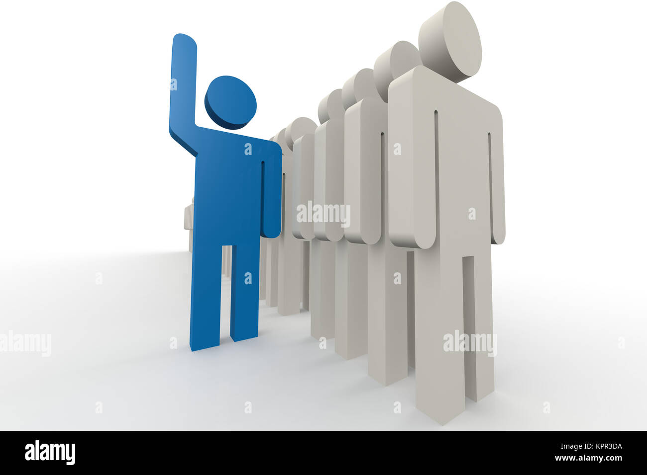 Blue man stand out of a line of queue Stock Photo - Alamy