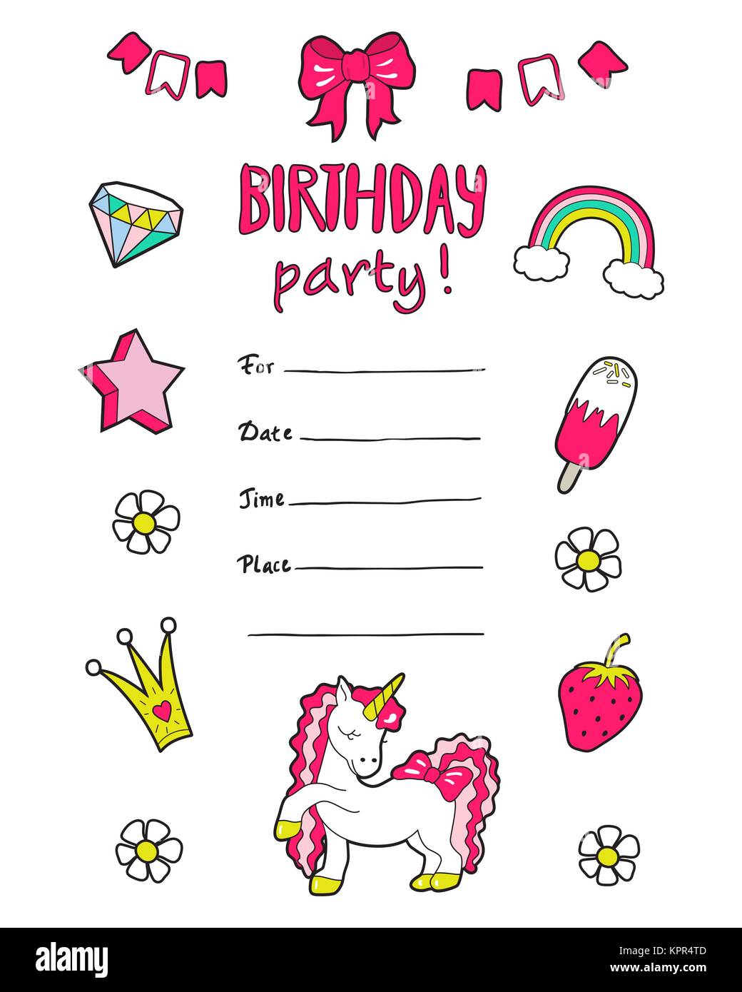Girl's party invitation with cute stickers . Vector Stock Vector Image ...