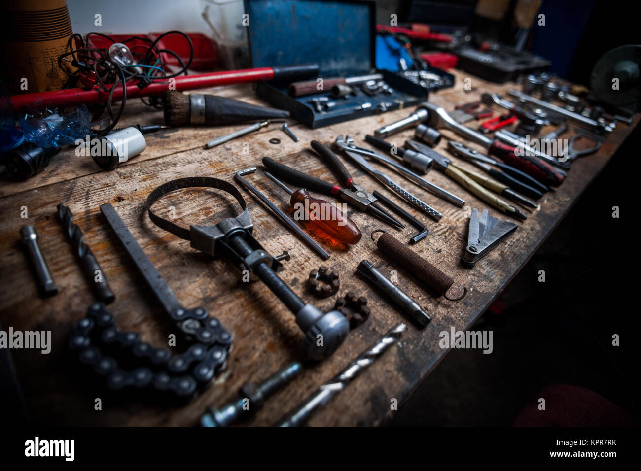Tools on wooden plank Stock Photo - Alamy