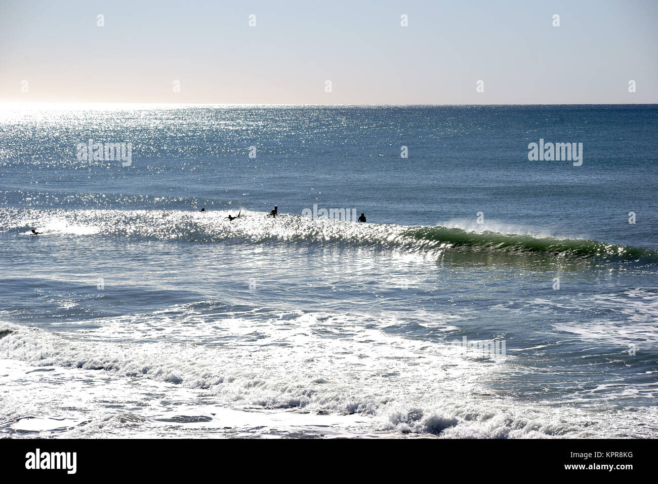 Die Silhouetten von Surfern auf dem Wasser im Gegenlicht Stock Photo ...