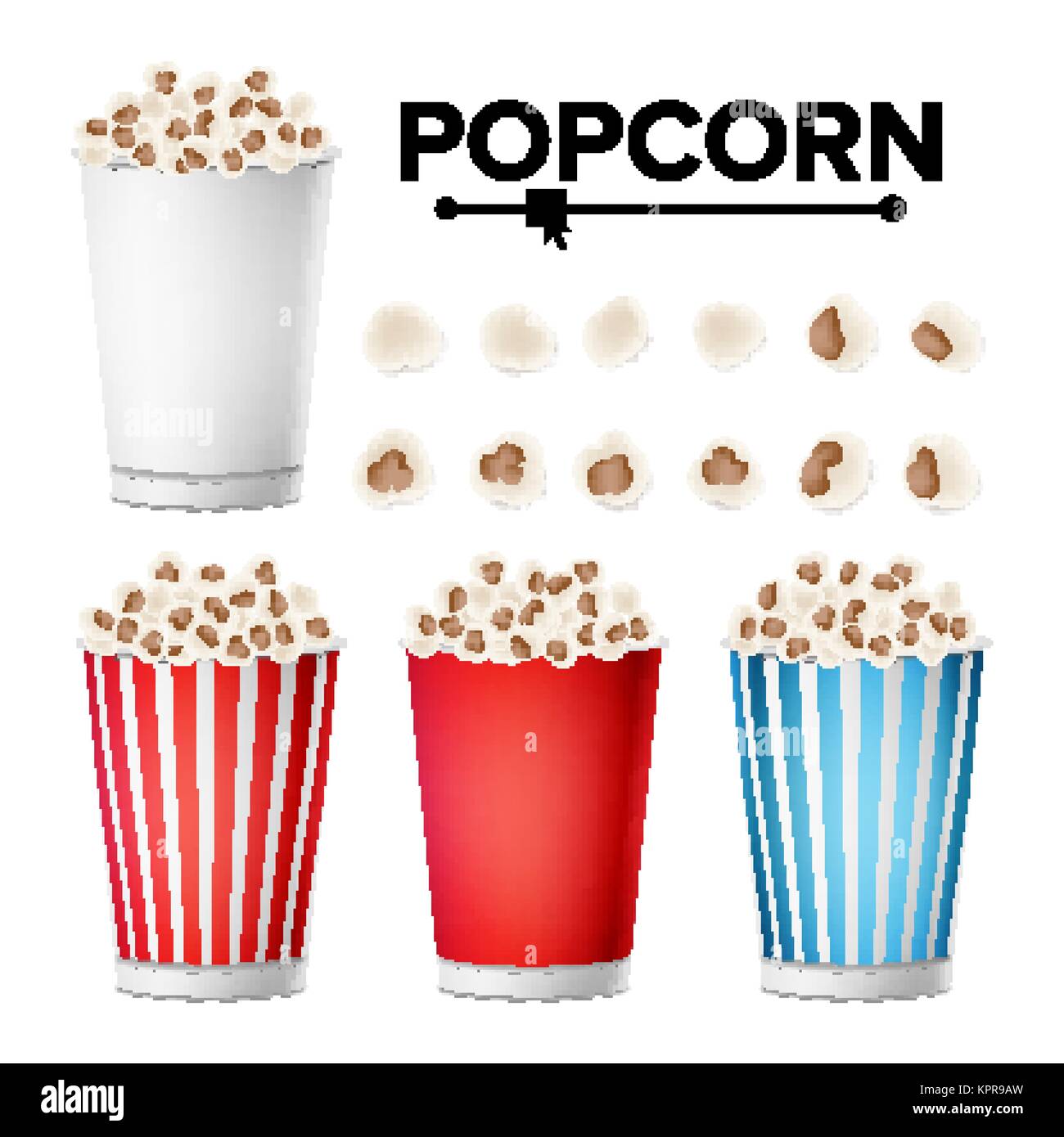 Popcorn Cup Set Vector. Realistic Classic Cup Full Of Popcorn. For ...