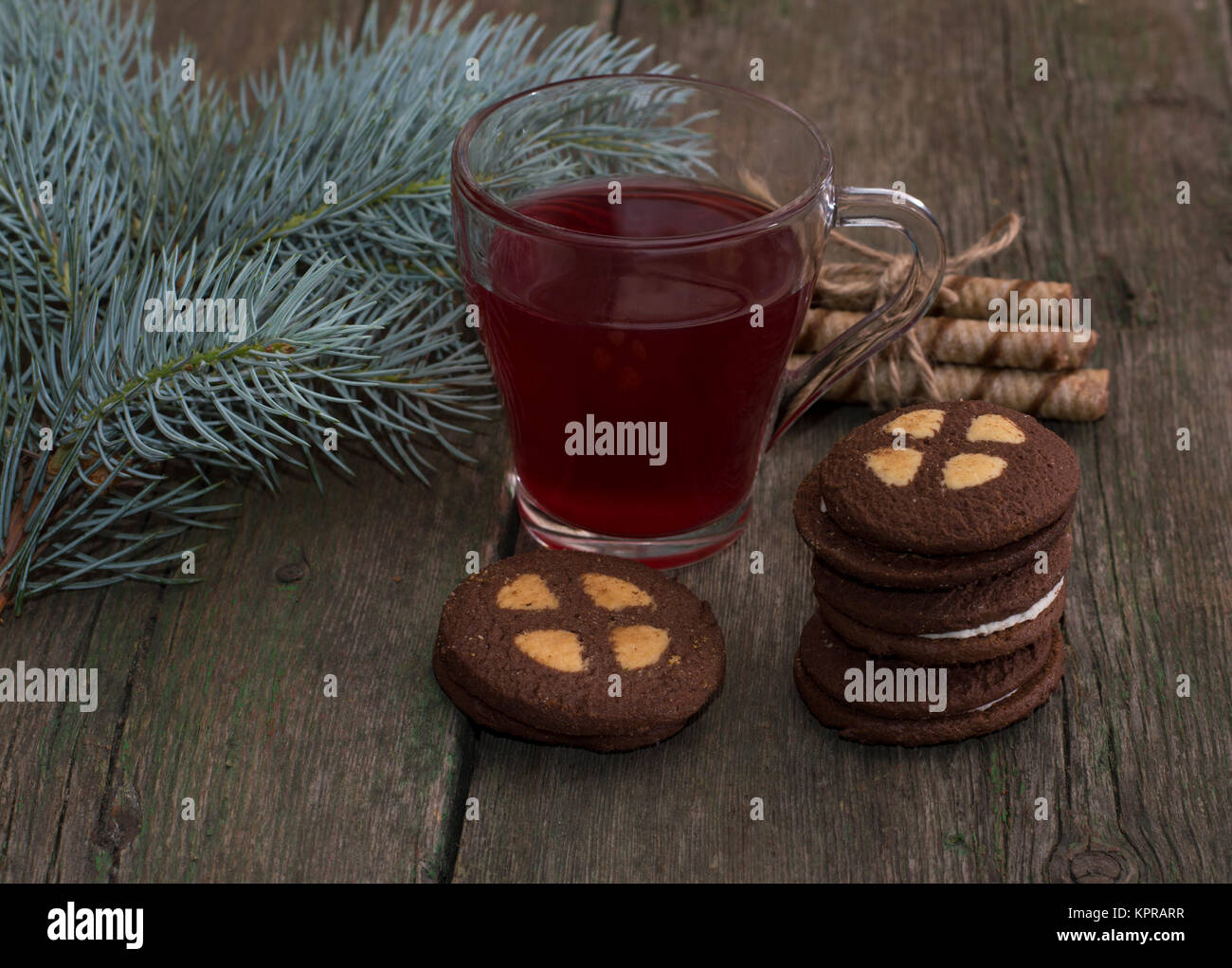 beautiful still life fir-tree branch and drink Stock Photo - Alamy