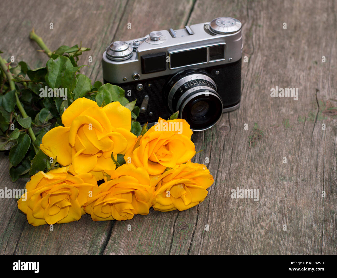 yellow roses and retro the camera behind them on a table Stock Photo ...