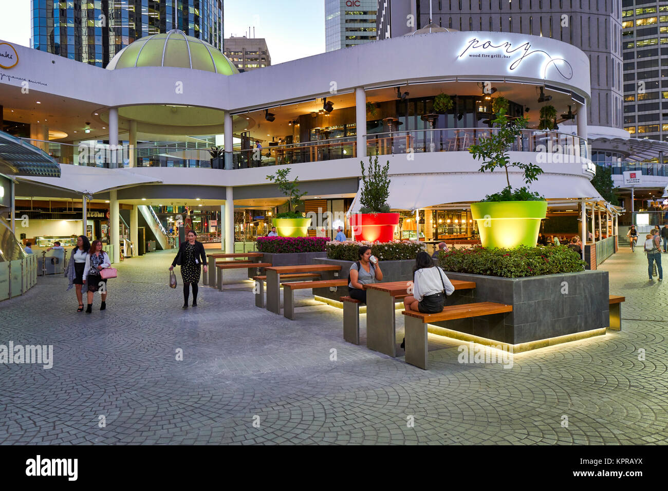 Brisbane riverfront at Eagle Street pier at dusk. Queensland, Australia ...